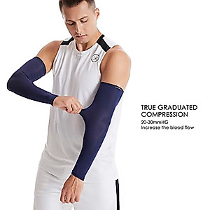 HiRui Arm Compression Sleeves for Men Women Youth Kids, UV Protection 20-30mmHG Support for Running Cycling Basketball Golf Tattoo Cover, Breathable Moisture-Wicking (Navy Blue, X-Large)