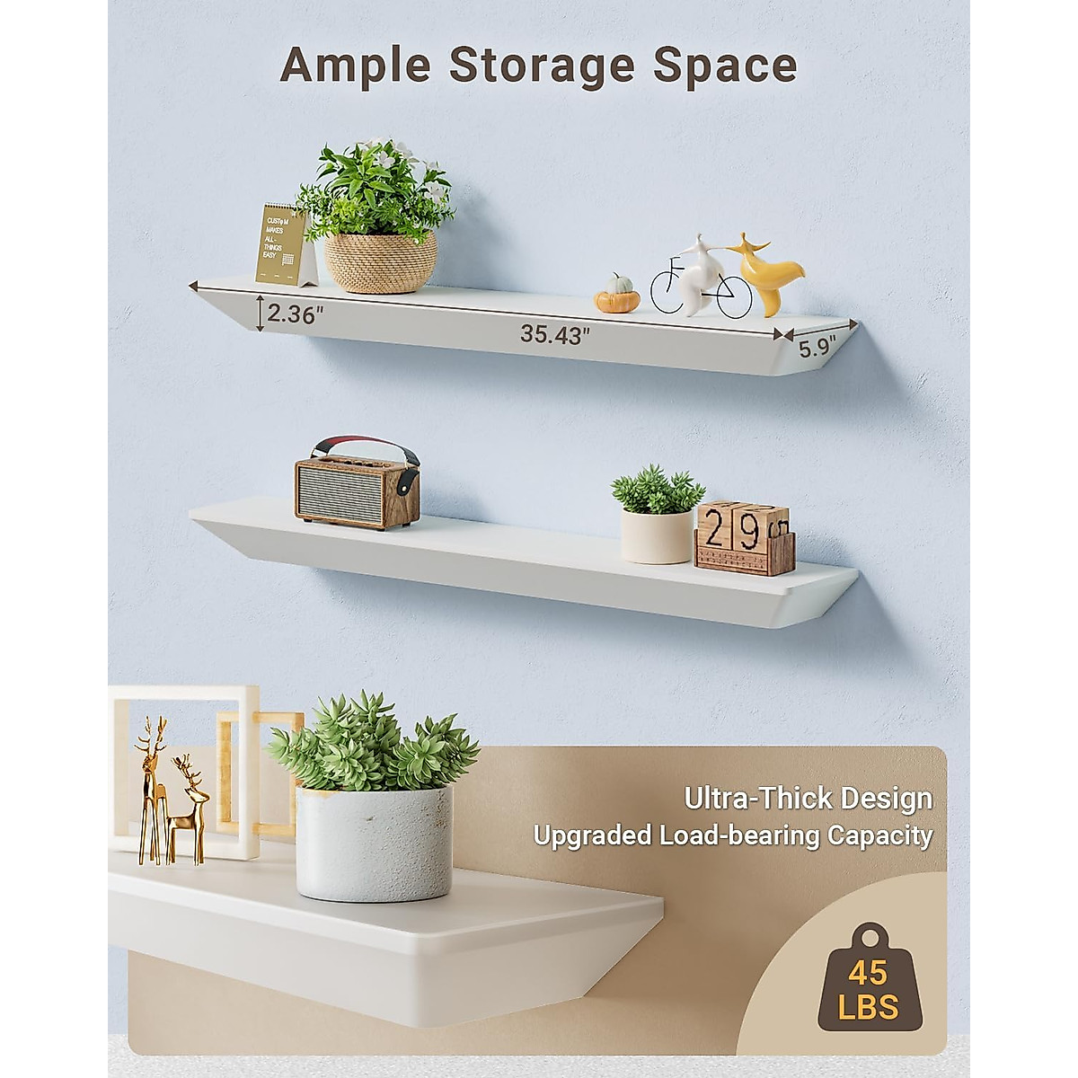 QueenFun 36 Inch White Floating Shelves, 6'' Deep Large White Floating Shelves for Wall, Easy Hanging Wall Shelves for Bedroom Living Room Bathroom Nursery, 2-Pack Crown Molding Decorative Shelves