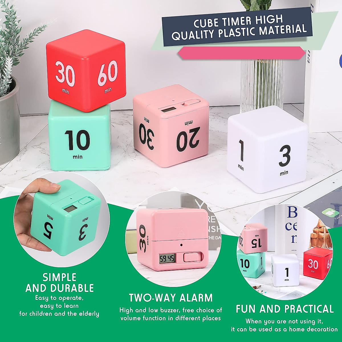 Cube Timer 4 Pieces Gravity Sensor Flip Timer Kids Timer Digital Cube Workout Timer Kitchen Timer for Time Management Home Study, 1 3 5 10 Minutes and 15 20 30 60 Minutes (White, Red, Pink, Green)