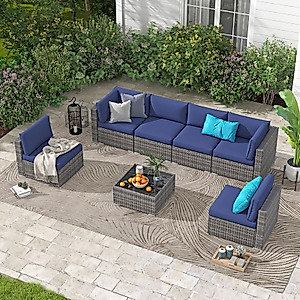 Yangming 7 Piece Outdoor Patio Furniture Sets, Outdoor Sectional Furniture with Tempered Glass Table and Cushion, Rattan Chairs Wicker Couch Conversation Set for Deck, Backyard, Porch, Lawn, Garden
