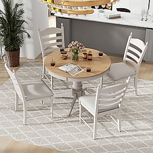 POCIYIHOME 5-Piece Retro Functional 42"-58" Wood Round Extendable 4 Upholstered Chairs, Set of 5, Family Dining Table Set for Restaurant, Kitchen (Off White)