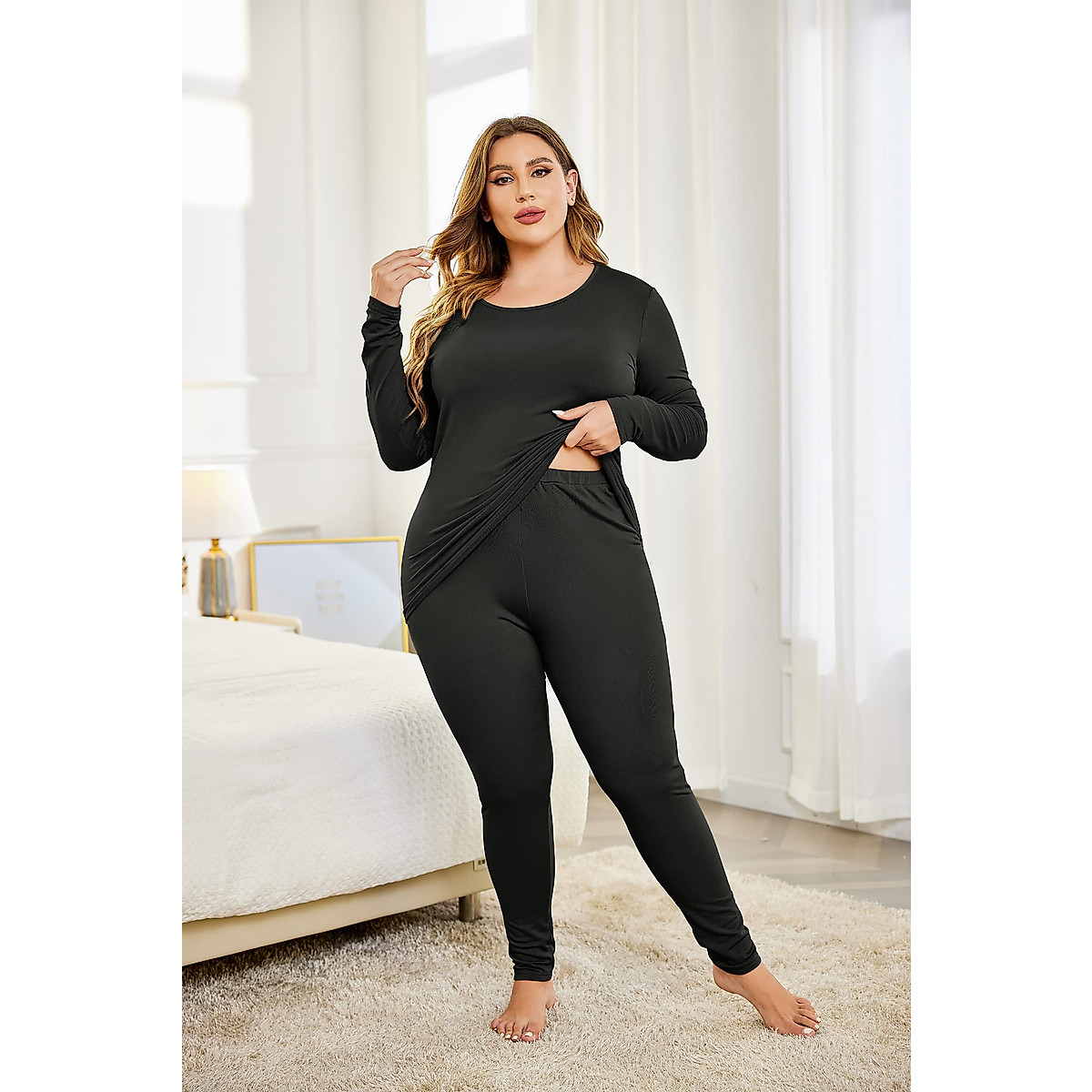 IN'VOLAND Women’s Plus Size Thermal Long Johns Sets Fleece Lined 2 Pcs Underwear Top & Bottom Pajama Set Black