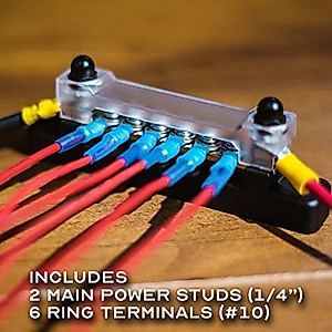 6 Terminal Bus Bar Kit - 150A Bus Bar Block with Cover & Heat Shrink Terminals; Ground Distribution, Power Distribution Terminal Block for Automotive and Marine