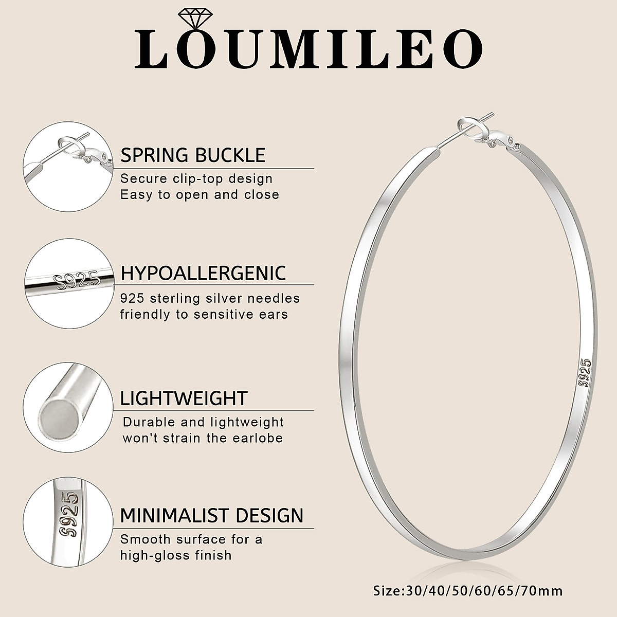 LOUMILEO Large Silver Hoop Earrings for Women Hypoallergenic Sterling Silver Hoop Earrings Lightweight Big Silver Hoop Earrings Silver Hoop Eearrings for Women