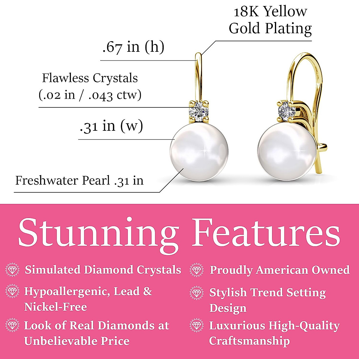 Cate & Chloe Cassie Refined 18k White Gold Pearl Drop Earrings with Swarovski Crystals, Women's Gold Earrings, Pearl Dangle Earrings for Women, Special Occasion Jewelry