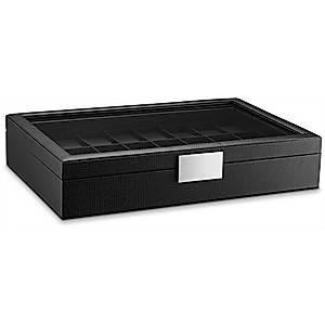 Glenor Co Watch Box for Men - 24 Slot Flat Luxury Display Case Organizer, Carbon Fiber Design for Mens Jewelry Watches, Men's Storage Holder Boasts Large Glass Top,Metal Buckle & Leather Pillows-Black
