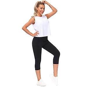 THE GYM PEOPLE Tummy Control Workout Capris Leggings with Pockets High Waist Athletic Yoga Pants for Women Running Hiking Black