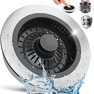 Wanocean Upgraded 3in1 Kitchen Sink Drain Strainer & Sink Stopper,304 Stainless Steel Metal Sink Drain Stopper with Anti-Clogging Wider Strainer Basket,Kitchen Essentials for US Standard 3-1/2" Drain