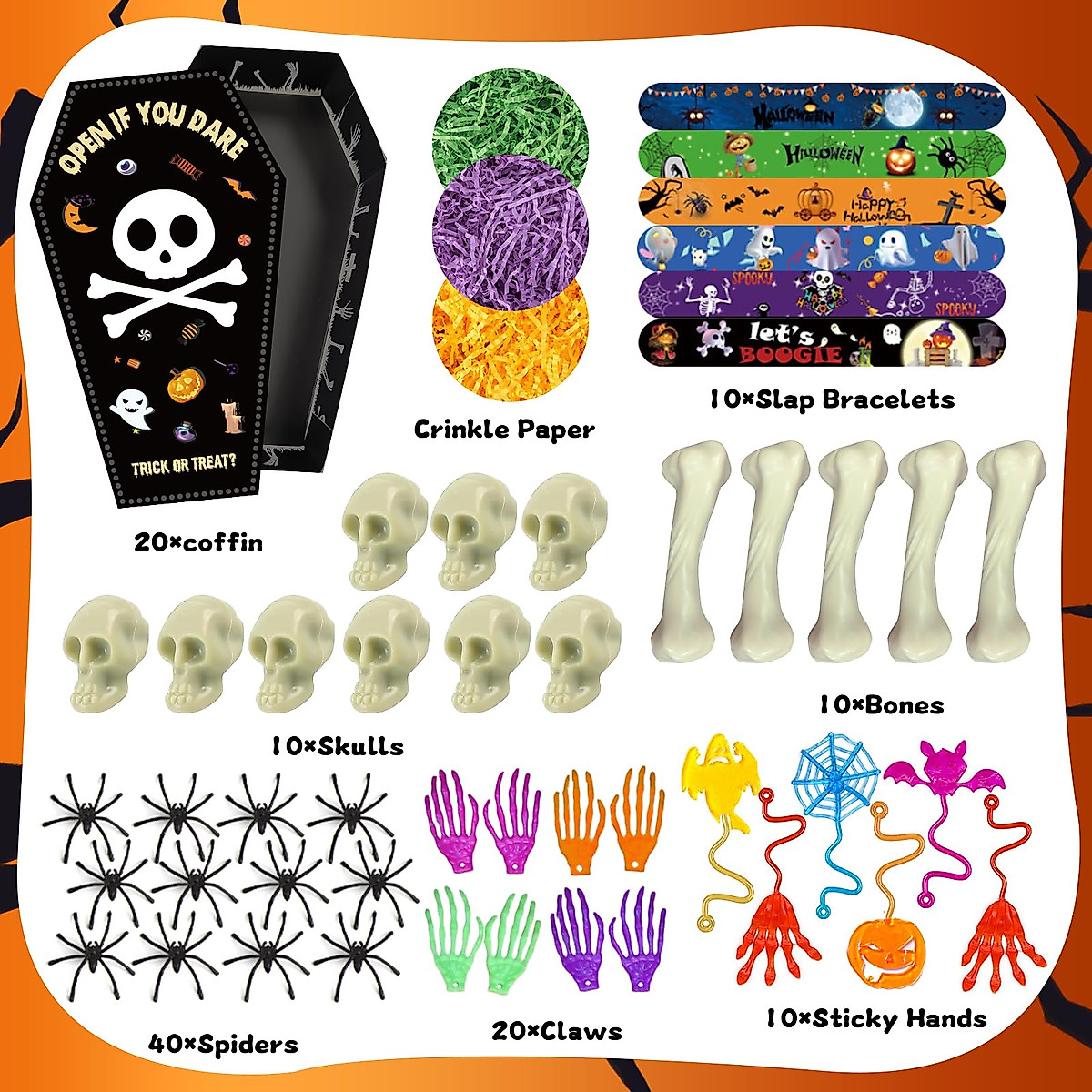 GOAUS Halloween Party Favors 20 Pack, Coffin Box Treat Goodie Bag Bags, 240 Pcs Toys Bulk Non-Candy Treats for Trick or Treat, Halloween Crafts, Kids Prizes Classroom Basket Stuffers
