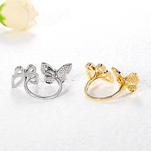 U/B Double Butterfly Rings for Women Natural Opal Ring Ladies Fashion Hand Jewelry AAA Cubic Zirconia Adjustable Ring (Silver)