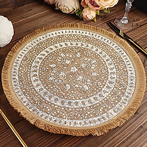 BalsaCircle 4 Natural 15 in Round Woven Burlap Jute Placemats White Print Fringe Trim Wedding Party Event Home Decorations Supplies