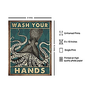 Octopus Nautical Bathroom Wall Art & Decor - Funny Beach Bathroom Decor - Bath Wall Decor - Cute Unique Bathroom Pictures Decorations Poster - Wash Your Hands Sign - Guest Bathroom - Powder Room