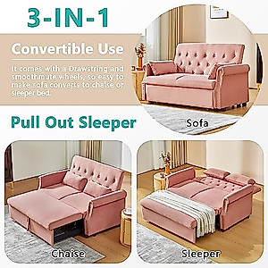 LEVNARY Velvet Small Convertible Sleeper Sofa, Pull-Out Loveseat Futon Sofa Bed, Upholstered Twin Couch Bed with Adjustable Backrest for Small Spaces Living Room (Pink)