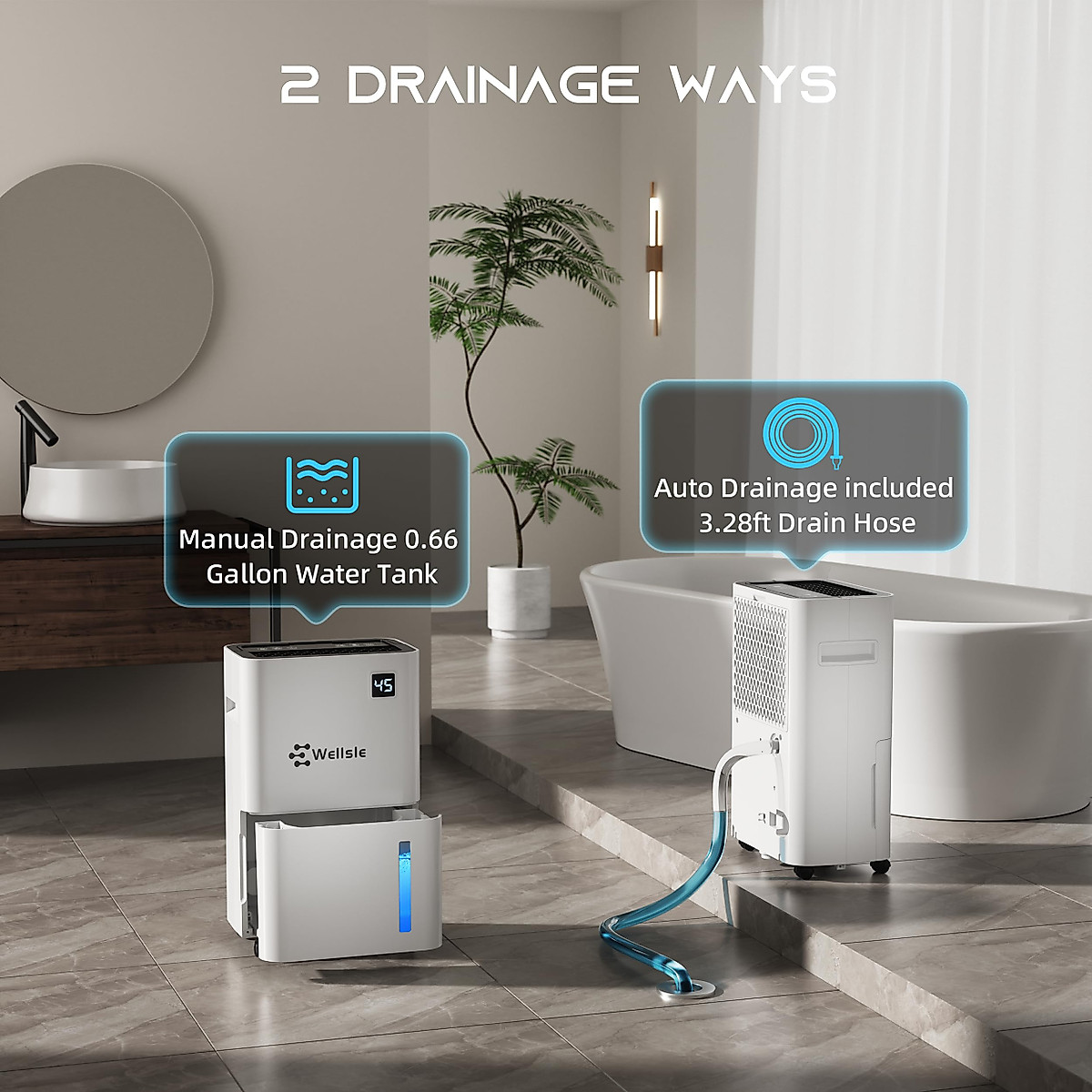 Wellsle 34 Pint Dehumidifier for Bedroom & Basement with Smart Humidity Control, 24HR Timer, Home Dehumidifier with Drain Hose for Continuous Drainage - Quiet Dehumidifier with 3 Working Modes