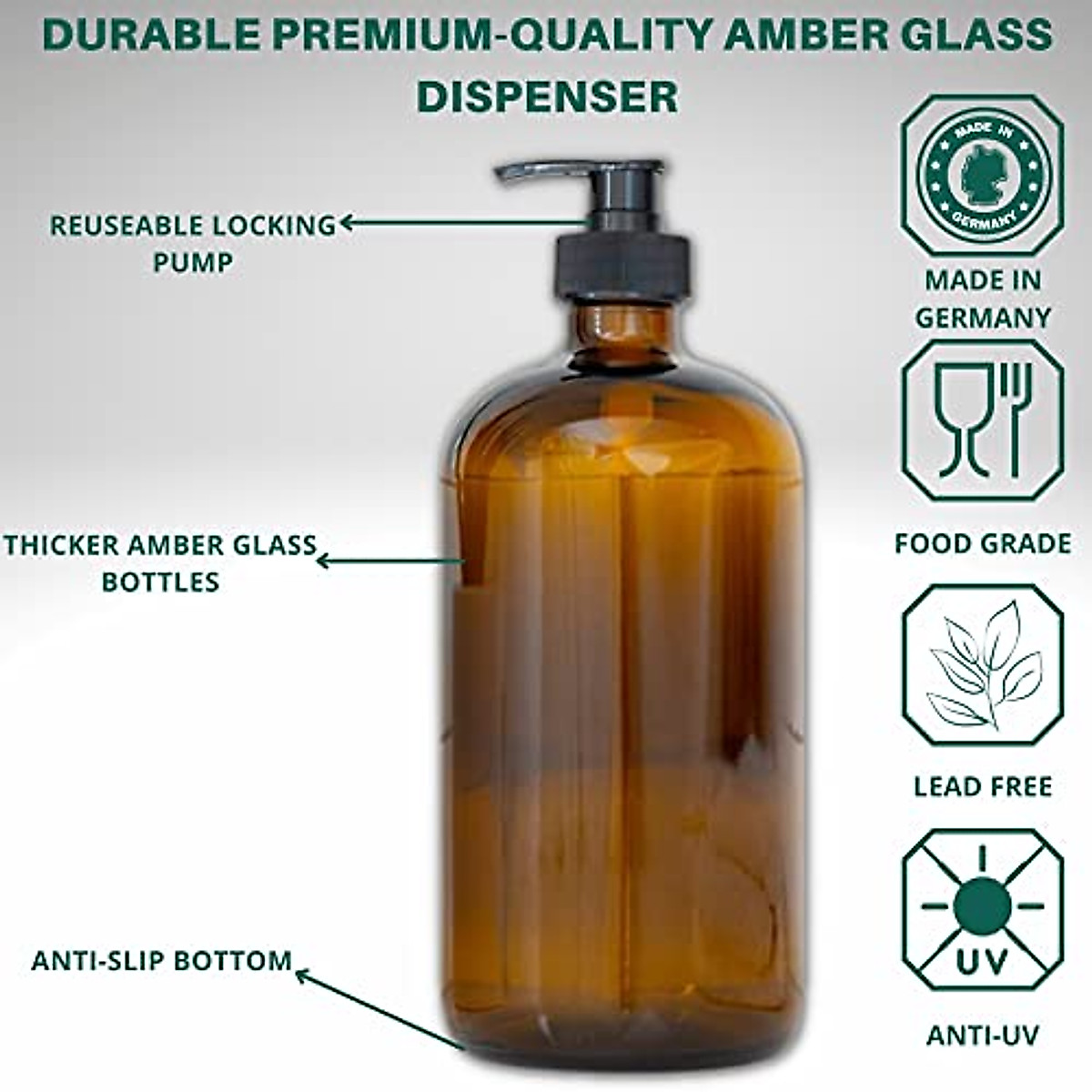 32oz Amber Glass Soap Dispenser- Large Amber Round Bottles with Black Pumps – Apothecary Soap Dispensers is Refillable & Reusable for Bath/Kitchen Accessories - Pack of 4
