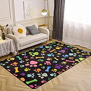 Aimuan Colorful Dog Paw Print Area Rug Nursery Soft Fun Puppy Dog Decor Bones Rugs Cute Flannel Floor for Living Bedroom (5x8 feet, Black)