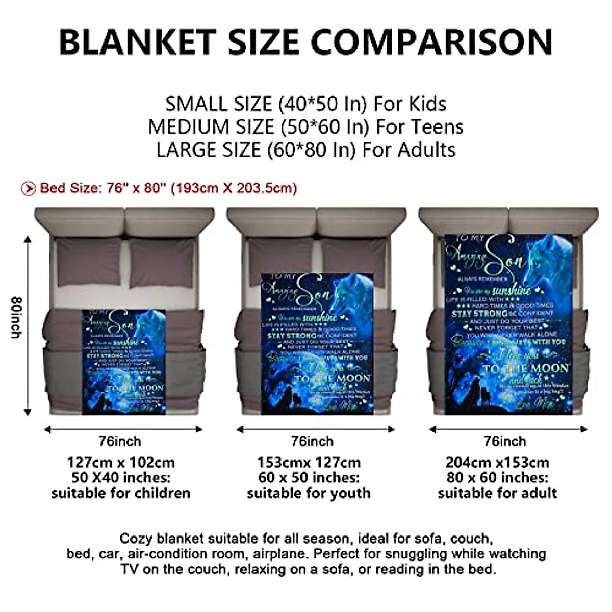 tiosggd Son Gift Blanket from Mom, Fleece Flannel Plush Super Soft Throw Blanket, Always Remember You are My Sunshine Howling Wolf Under The Moon, Bed Couch Throw Quilt 60''x50''