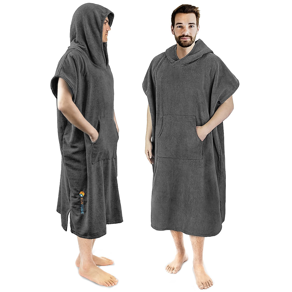 SUN CUBE Surf Poncho Changing Robe with Hood, Thick Quick Dry Microfiber Wetsuit Changing Towel for Surfing Beach Swim Outdoor Sports Men, Absorbent Wearable Towel Cover Up with Pocket, Gray