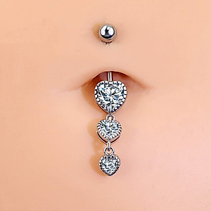 OUFER 3PCS Belly Button Rings, Heart Shaped Clear CZ Dangle Navel Rings, 316L Surgical Steel Belly Rings, Heart Dangle Belly Piercing Jewelry For Women And Men