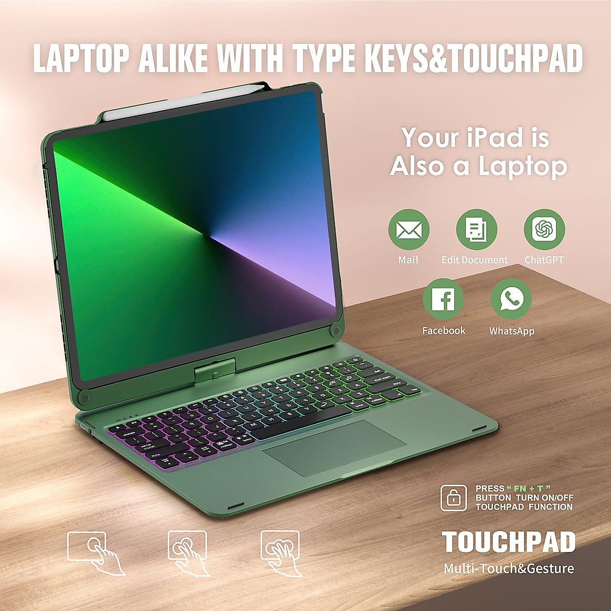 BABG Keyboard Case for iPad Air 13 inch, iPad Pro 12.9(6th/5th /4th/3rd Gen) Case with Keyboard,360° Rotatable,Mulit-Toupad,Backlits,Wireless,Pencil Charging-Green