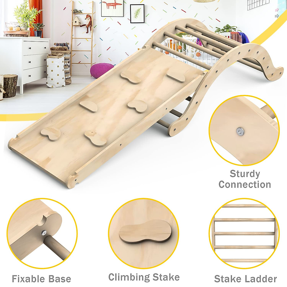 ALZN Climbing Ladder Toys for Toddlers with Ramp and Padding, 3-in-1 Wooden Montessori Activity Climber Toys Set for Sliding and Climbing, Safety Playground for Toddlers and Kids