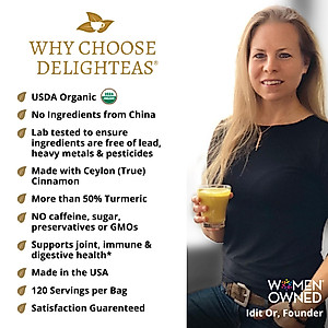 DelighTeas Organic Golden Milk Powder with Turmeric, Ginger, Ceylon Cinnamon | Ayurvedic Spices for Golden Turmeric Latte | Unsweetened, Vegan, Non-GMO, Keto | 120 Servings, 5 oz.