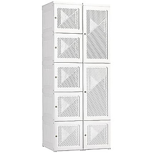 HOMCOM Portable Wardrobe Closet, Folding Bedroom Armoire, Clothes Storage Organizer with Cube Compartments, Hanging Rod, Magnet Doors, White