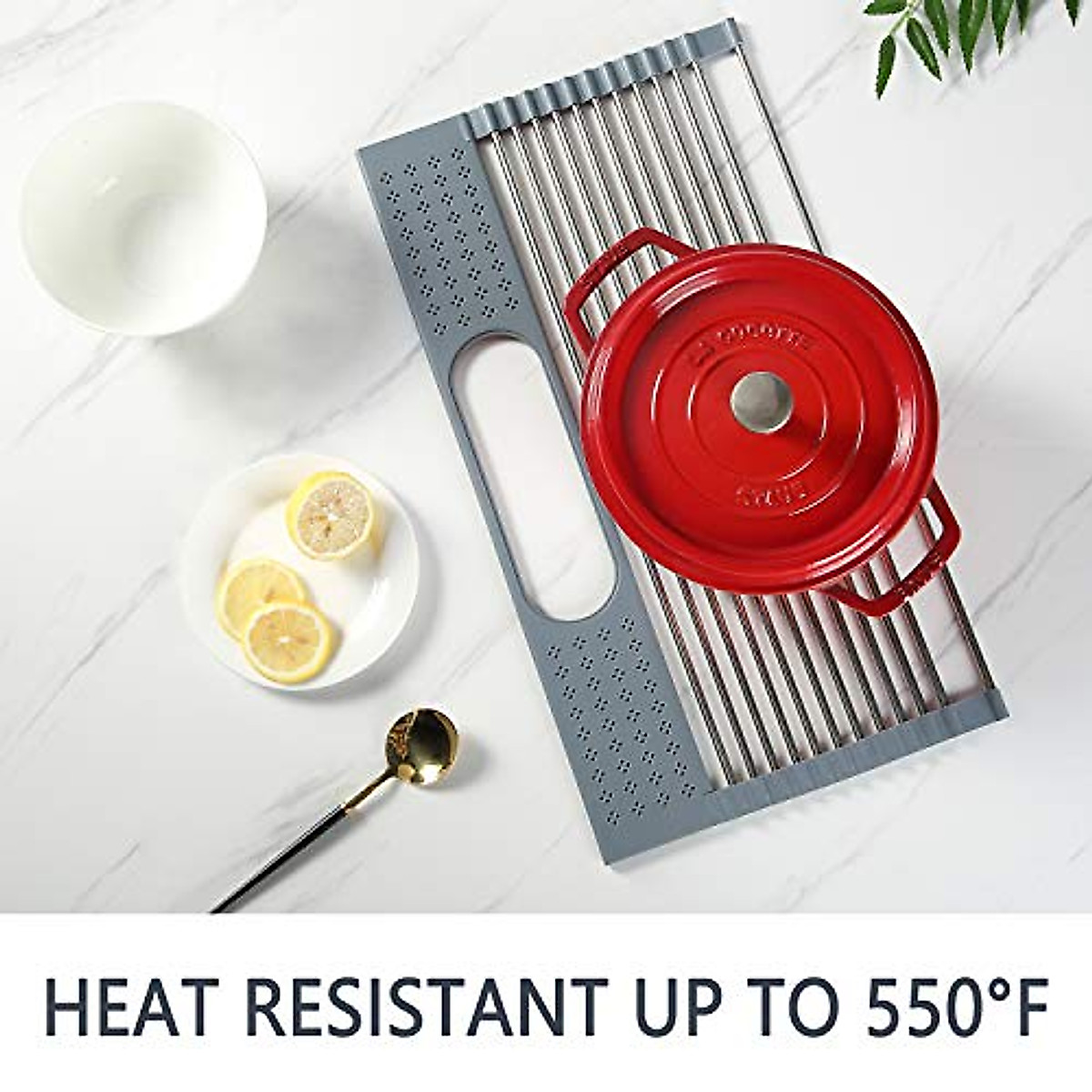 N/A2 Roll Up Dish Drying Rack - Over The Sink Drying Rack with Utensil Holder + Multipurpose Sink Cover Stainless Steel Silicone Portable Dish Draining and Folding Strainer for Mom!