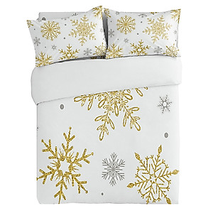 California King Size Duvet Cover Set,Gold White Christmas Snowflake Texture 3 Pieces Soft Bedding Sets,1 Quilt Cover+2 Decorative Pillow Shams for Bedroom All Season,Simple Winter Snow Scene Bed Set