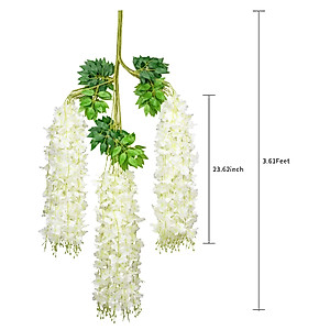 Kmorenew White Wisteria Hanging Flowers - 12 Pack 3.6 Feet/Piece Artificial Fake Wisteria Vine Rattan Hanging Garland Silk Flowers String for Home Party Wedding Garden Outdoor Décor
