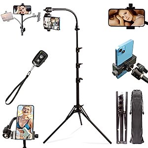 Phone Tripod, Phone Video Stand with Remote, Height Adjustable Ball Head, Gooseneck Phone Floor Holder for iPhone15, iPhone15 Plus, iPhone15 Pro, iPhone15 Pro Max, iPhone 14,14 Pro, Plus, 13, 12, 11