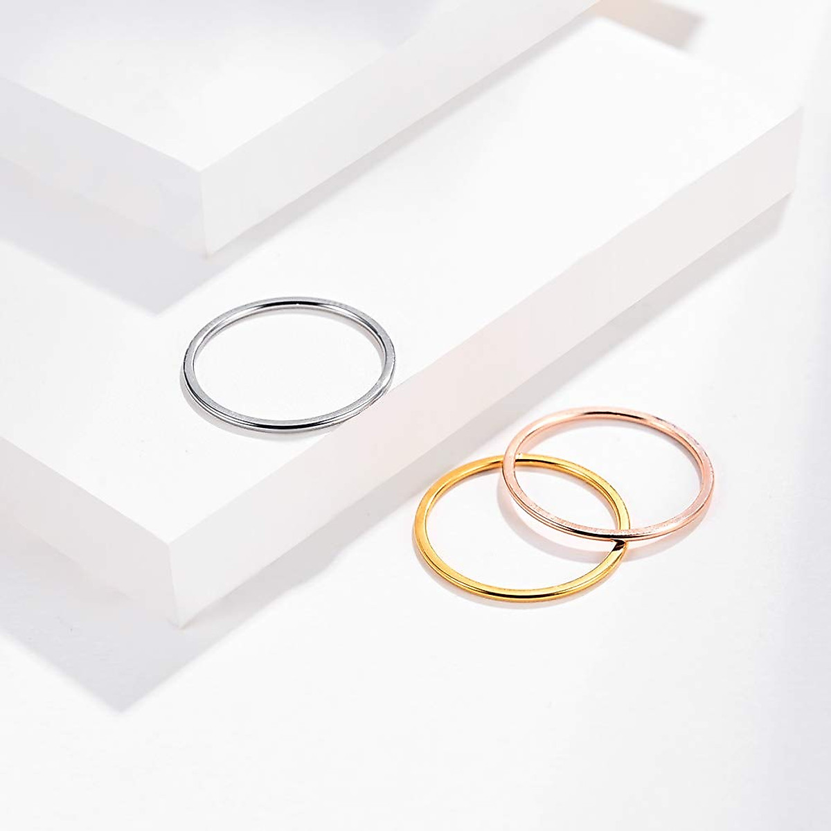 IFUAQZ 3pcs 1mm Stainless Steel Plain Band Knuckle Stacking Midi Rings for Women Comfort Fit, Dome Ring, Silver+Gold+Rose Size 5