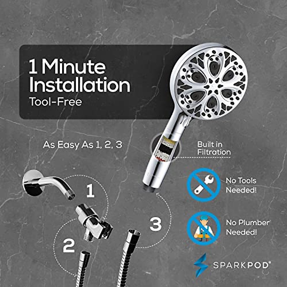 SparkPod 10-Mode Filtered Shower Head with Hose - 5" High Pressure Shower Heads with Filter - Handheld Shower Head Filter with Built-In Power Jet, Stainless 6ft Hose and Bracket (Polished Chrome)