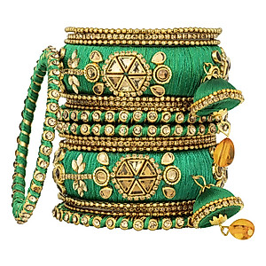 Aheli Royal Designer Faux Stone Studded Silk Thread Bangle Set Matching Chudha with Jhumki Tassel Hanging Indian Bollywood Fashion Jewelry for Women Girls (Green 2.8 Inch)