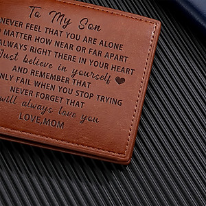 To My Son Gift Leather Wallet Engraved Personalized Leather Wallet Birthday Gifts,Graduation Gift from Mom,Christmas Gift to Son Customized Gift(never feel son)