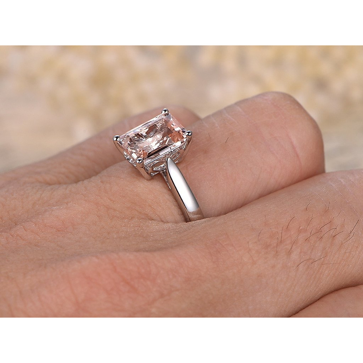 3pcs Engagement Ring Set,7x9mm Emerald Cut Pink Morganite 14k White Gold Diamond Stacking Matching Band