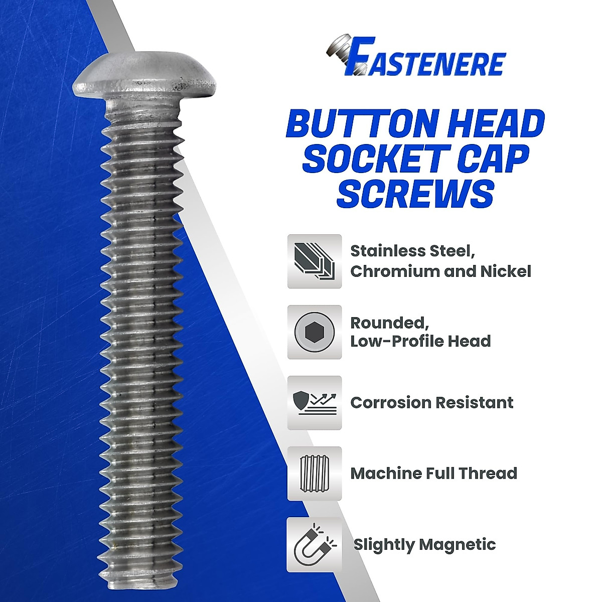 Fastenere Button Head Socket Cap Screws - 1/4-28 x 1" (25 Pack) Stainless Steel 18-8, Full Thread, Bright Plain Finish, Corrosion-Resistant, Machine Thread, Easy to Install w/Allen Socket Drive