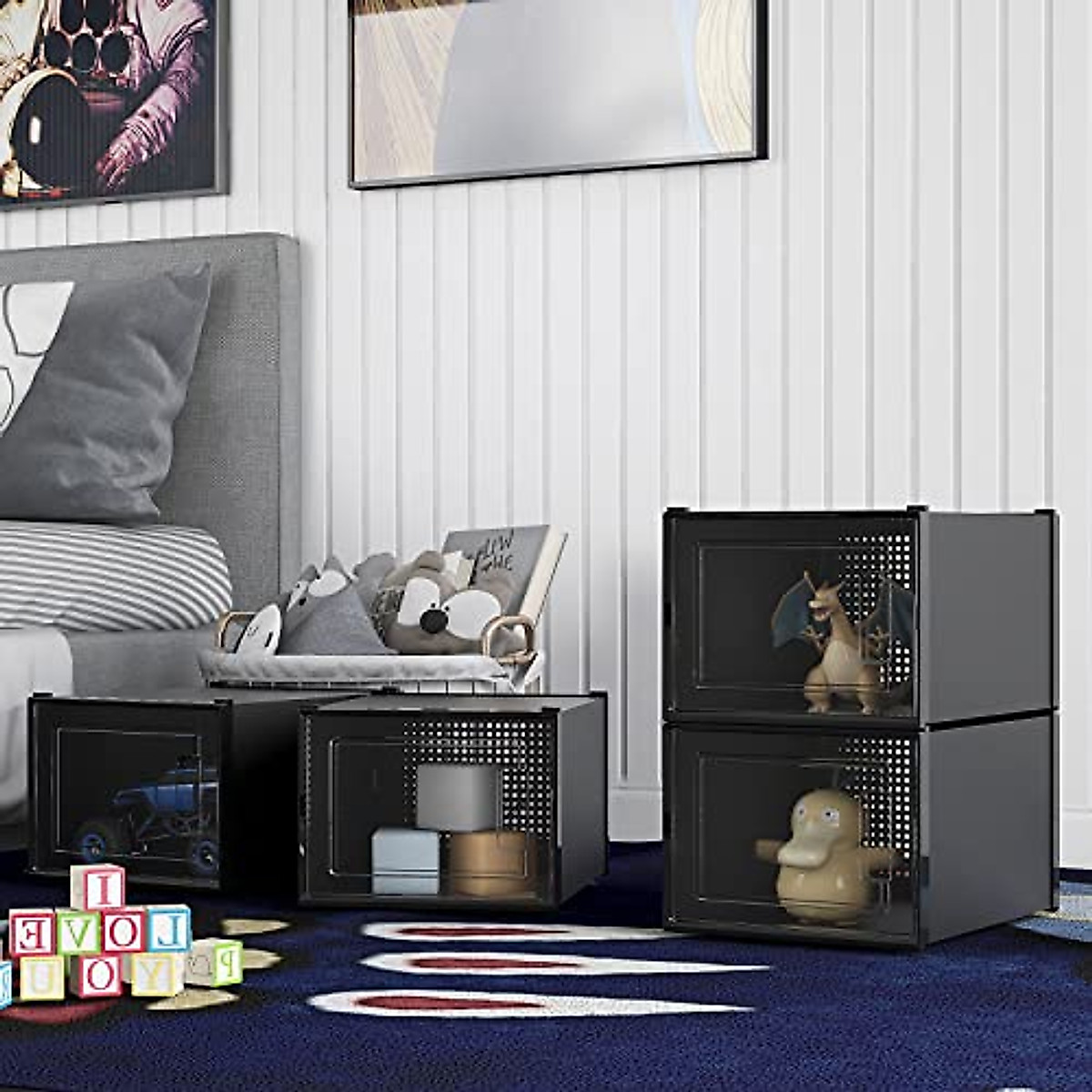 mupera Black Shoe Storage Box - 12 Pack Upgrade X-Large Stackable Plastic Shoe Organizers Boxes, Clear Shoe Storage Bin with Lid, Foldable Shoe Container Box for Sneaker Display, Fit up to US Size 14