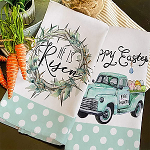 Easter Kitchen Towels for Easter Decor Peppermint Green Truck Dish Towels 18x26 Inch Ultra Absorbent Bar Drying Cloth Happy Easter Hand Towel for Kitchen Bathroom Party Easter Decorations Set of 2
