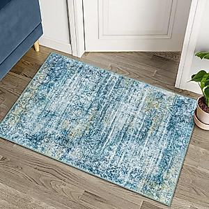 Uphome Abstract Area Rug 2x3, Blue Washable Non-Slip Bathroom Rugs, Small Soft Farmhouse Distressed Entryway Rug, Vintage Low Pile Indoor Throw Rug for Kitchen Bedroom Entrance