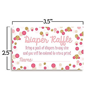 Polka Dot Pink & Gold Themed Diaper Raffle Tickets for Girl Baby Showers, 20 2" X 3” Double Sided Insert Cards for Games by AmandaCreation, Bring a Pack of Diapers to Win Favors & Prizes!
