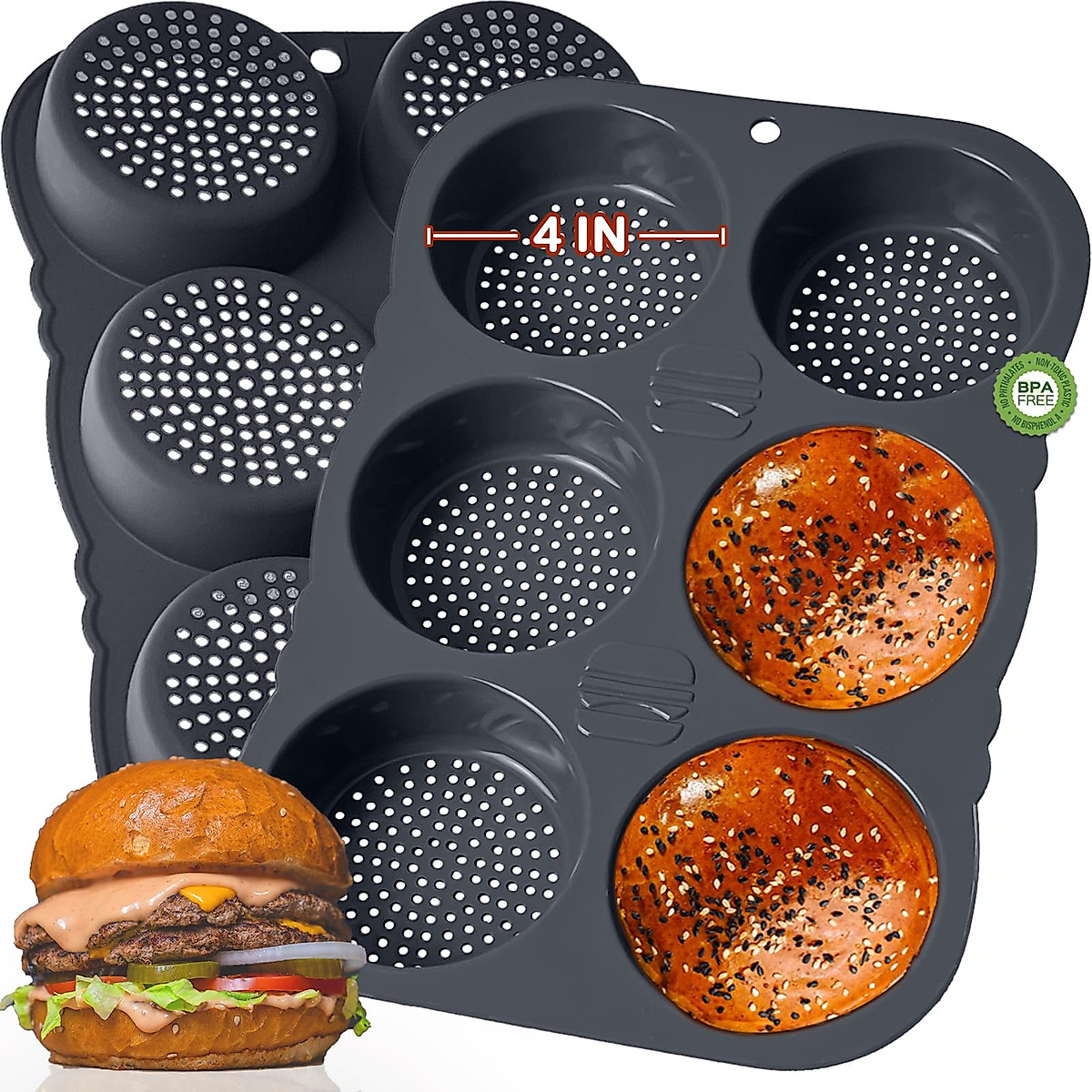 GDDGCUO Hamburger Bun Pan, 4 Inch Silicone Hamburger Bun Mold, 6 Cup Big Baking Pan for Homemade Hamburger Buns, Dishwasher Safe
