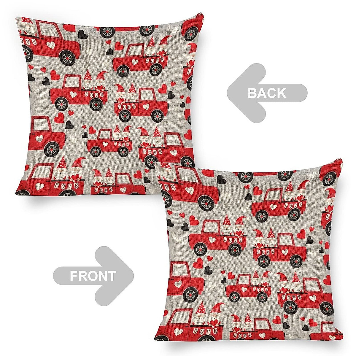 Valentine's Day Truck Throw Pillow Covers 18×18 Pillowcases Set of 2 Cute Gnome Heart Linen Decorative Square Pillow Case Cushion Covers Standard Size for Sofa Couch Outdoor Bed Pillow Protectors