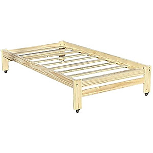 Twin Unfinished Solid Wood Platform Bed Frame with Casters Wheels