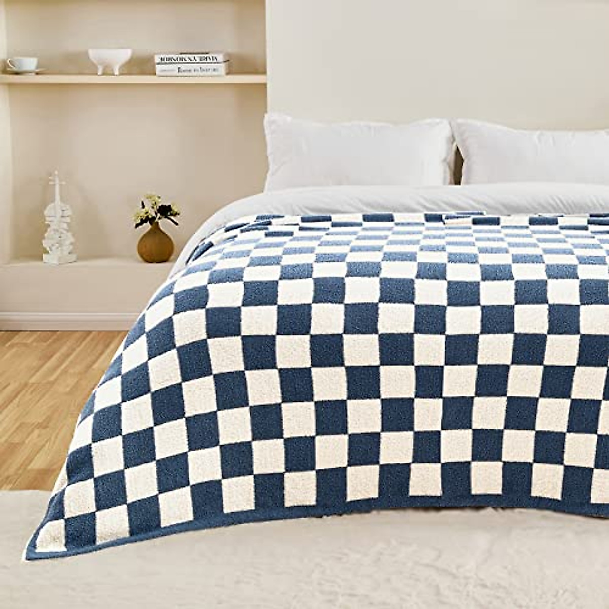 CozeCube Checkered Blanket,Ultra Soft Cozy Blue Checkered Throw Blanket Fuzzy Fleece Blanket, Warm Fluffy Microfiber Knitted Checkerboard Throw Blanket for Couch Bed Sofa Chic Home Decor,50x60 Inches