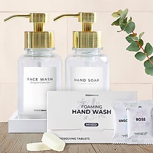 MaisoNovo Foaming Soap Dispenser with Concrete Tray - Hand Soap Refills for Foaming Dispenser - Clear Foaming Dispensers w.Tray 14 oz - 4 Mix Tablets
