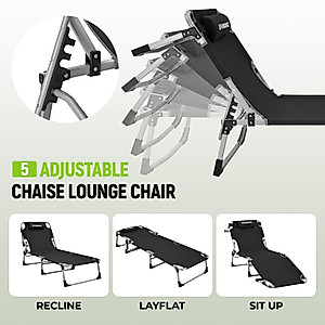 FUNDANGO Outdoor Folding Chaise Lounge Chair with Pillow for Beach, Patio, Pool, Lawn, Sunbathing, 5-Position Adjustable Camping Reclining Chair for Adults, Widened