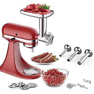 Metal Food Grinder Attachments for KitchenAid Stand Mixers, Meat Grinder, Sausage Stuffer, Meat Grinder for Kitchenaid Mixer, Includes 4 Grinding Plates, 3 Sausage Stuffer Tubes, 3 Grinding Blades