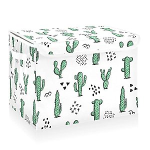 CaTaKu Cute Cactus White Storage Bins with Lids and Handles, Fabric Large Storage Container Cube Basket with Lid Decorative Storage Boxes for Organizing Clothes