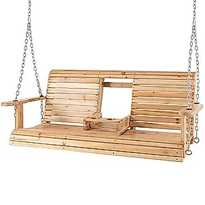 Tangkula 2 Person Hanging Porch Swing, Outdoor Bench Swing with Adjustable Chains, Foldable Cup Holders, High Back, Cozy Armrests, Wooden Hanging Swing Chair for Backyard Deck Garden Natural